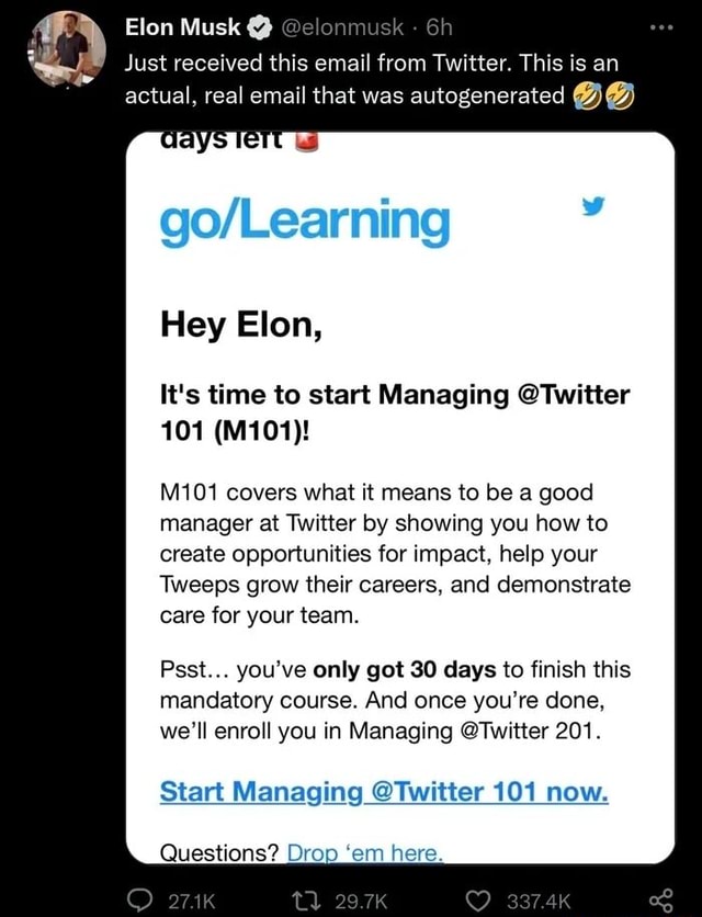 Elon Musk @ @elon Just received this email from Twitter. This is an ...