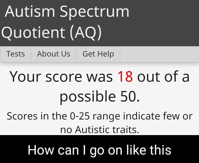 Autism Spectrum Quotient (AQ) Tests AboutUs Get Help Your score was 18 ...