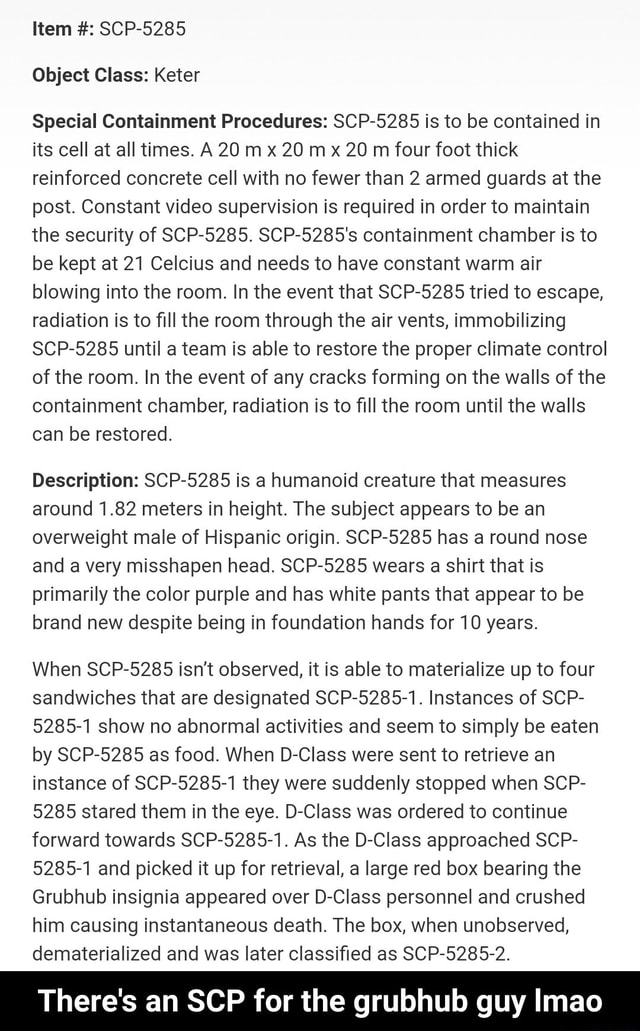 Item SCP-5285 Object Class: Keter Special Containment Procedures: SCP ...