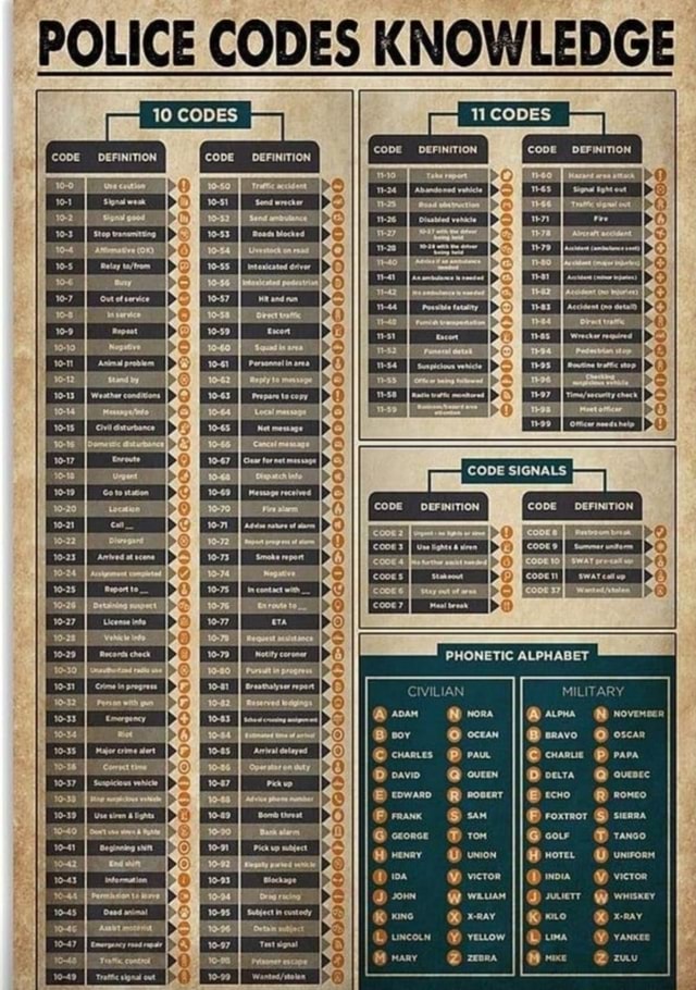 POLICE CODES KNOWLEDGE 10 CODES 11 CODES CODE DEFINITION DEFINITION DEFINITION le le MILITARY ...