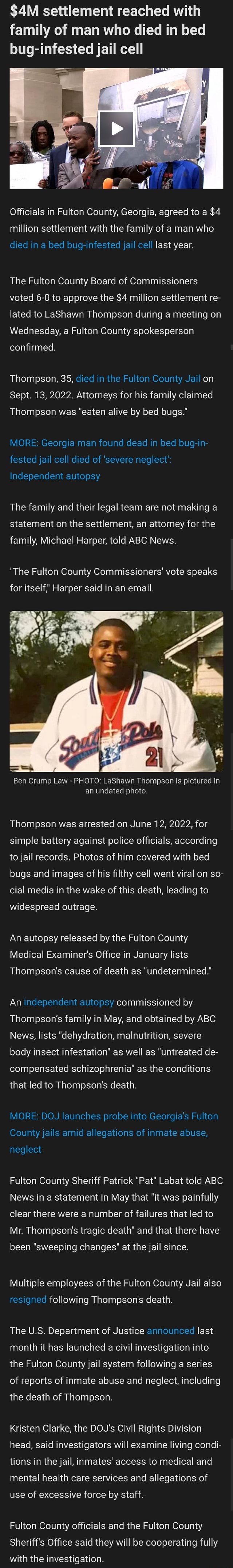 Settlement reached with family of man who died in bed bug-infested jail ...