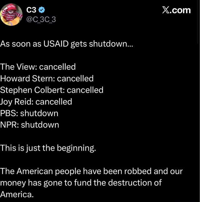 X.com @C As soon as USAID gets shutdown... The View: cancelled Howard ...