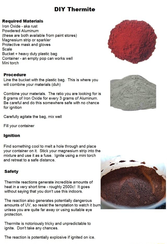 DIY Thermite Required Materials Iron Oxide aka rust Powdered Aluminum ...