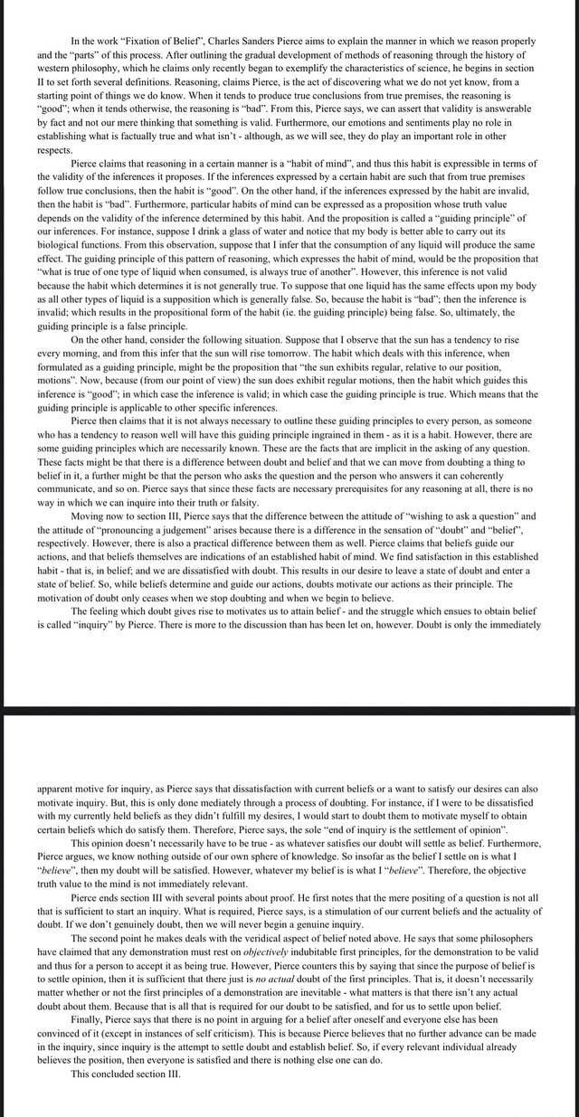 In the work "Fixation of Belief", Charles Sanders Pierce aims to ...