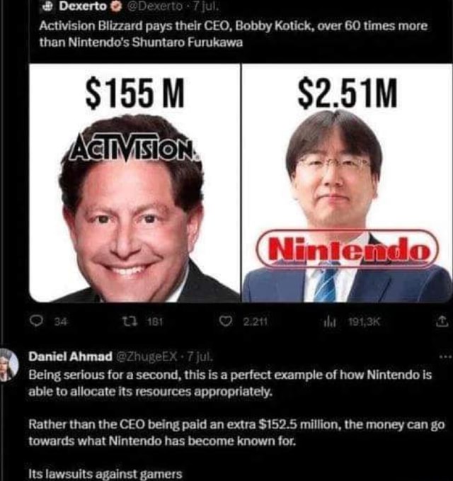 Dexerto Activision Blizzard pays their CEO, Bobby Kotick, over 60 times more than Nintendo's ...