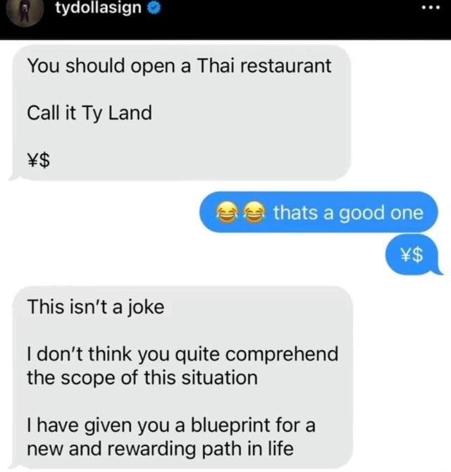 Tydollasign You should open a Thai restaurant Call it Ty Land thats a ...