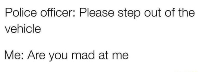 Police officer: Please step out of the vehicle Me: Are you mad at me ...
