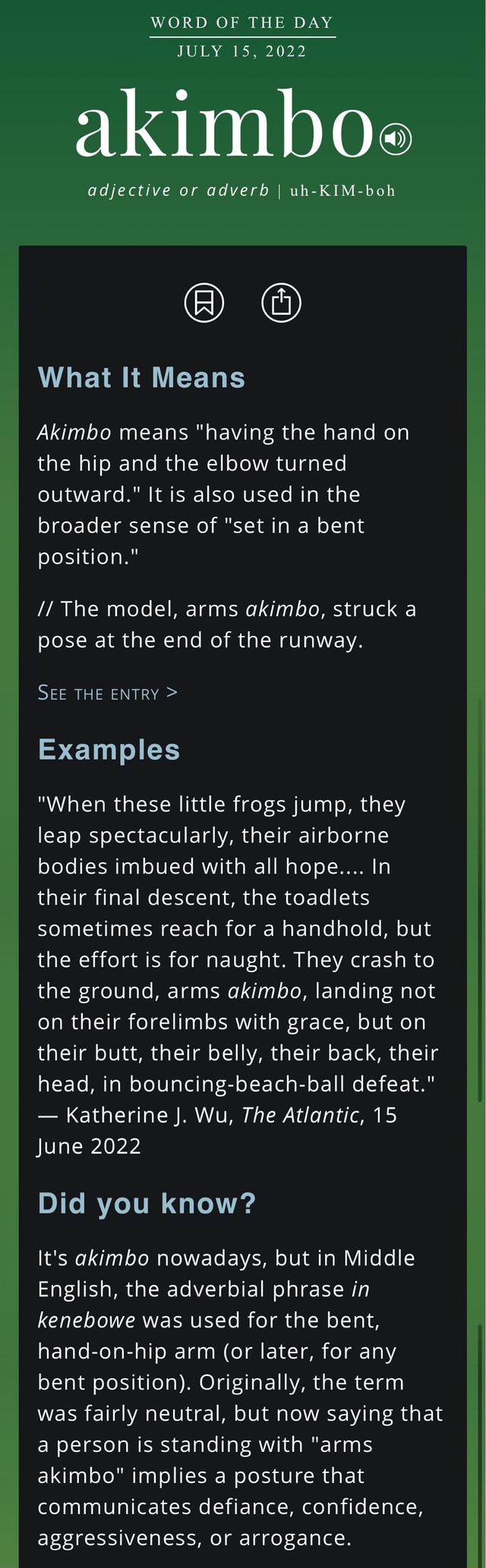 WORD OF THE DAY JULY 15, 2022 akimboe adjective or adverb I uh What It ...