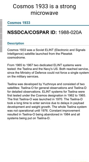 Cosmos 1933 is a strong microwave Cosmos 1933 ID: 1988-020A Description ...