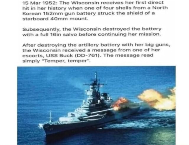 15 Mar 1952: The Wisconsin receives her first direct hit in her history ...