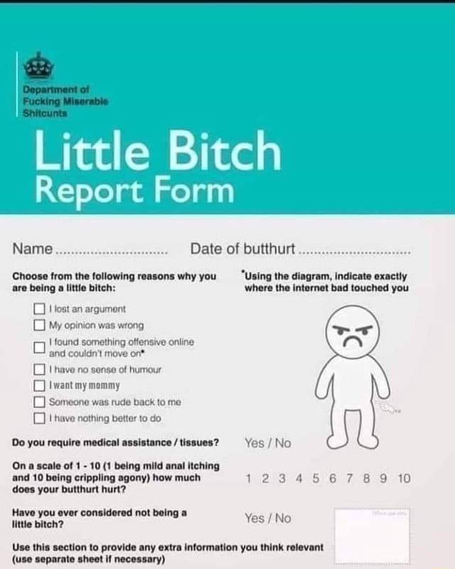Little Bitch Report Form Date of butthurt Choose from the following ...