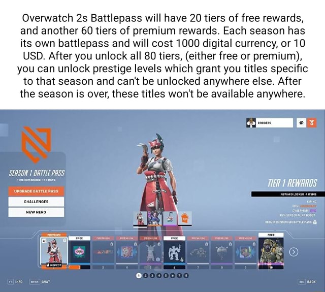 Overwatch Battlepass will have 20 tiers of free rewards, and another 60 tiers of premium rewards ...