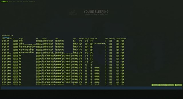 CONSOLE Rust Console 4.0 > combatlog time attacker id time 99.43s 99 ...
