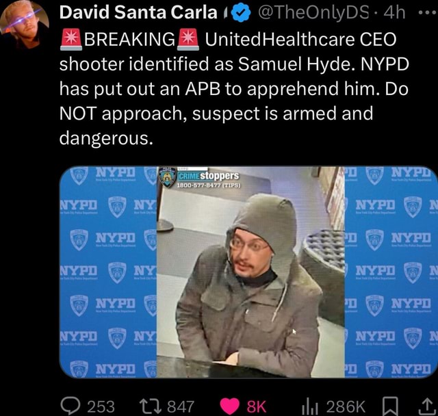 David Santa Carla @TheOnlyD$- UnitedHealthcare CEO shooter identified ...