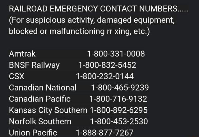 RAILROAD EMERGENCY CONTACT NUMBERG..... (For suspicious activity ...