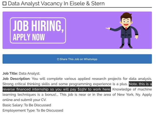 Data Analyst Vacancy In Eisele & Stern JOB HIRING, APPLY NOW Share This ...