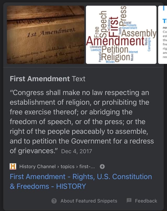 Speech o First Amendment Text "Congress shall make no law respecting an ...