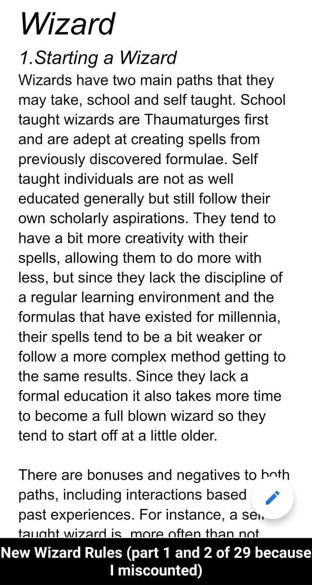 Wizard 1.Starting a Wizard Wizards have two main paths that they may ...