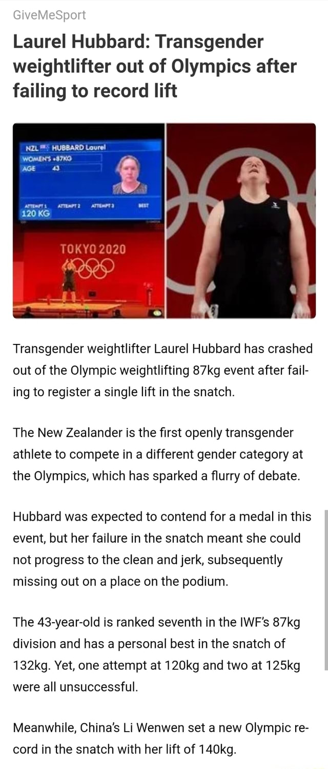 Givemesport Laurel Hubbard Transgender Weightlifter Out Of Olympics