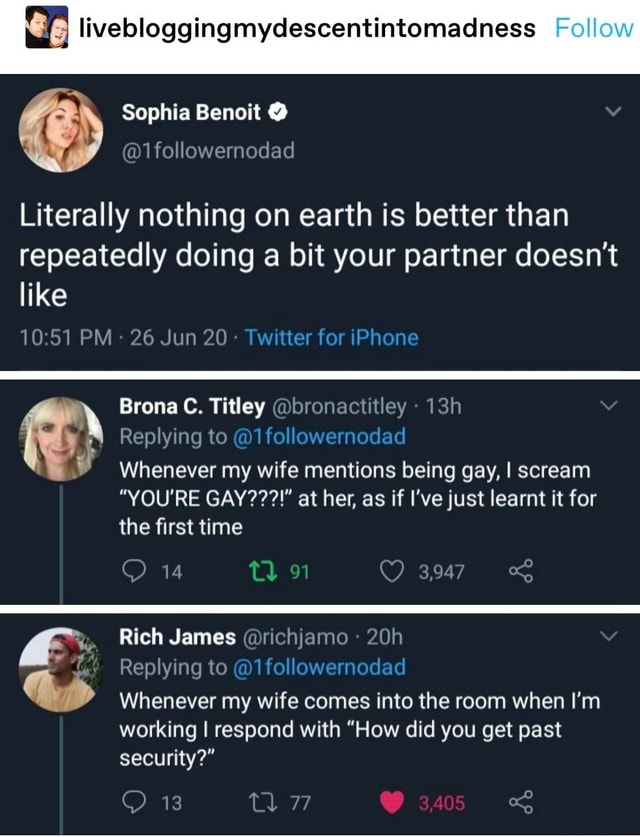 Livebloggingmydescentintomadness Sophia Benoit @ @1followernodad ...