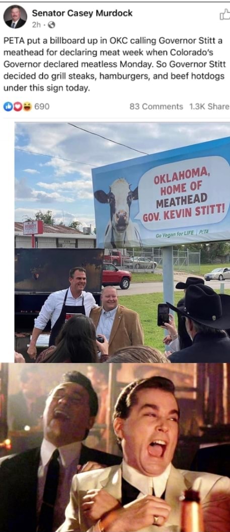 Senator Casey Murdock PETA put a billboard up in OKC calling Governor ...
