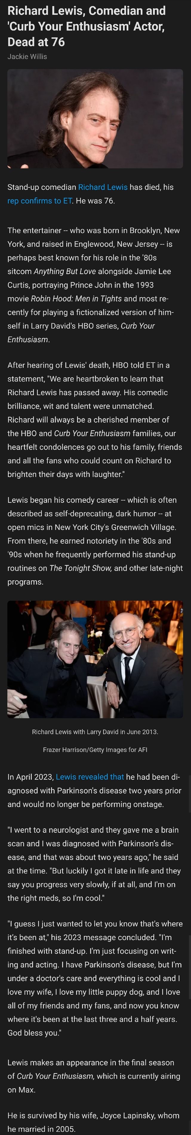 Richard Lewis, Comedian and 'Curb Your Enthusiasm' Actor, Dead at 76 ...