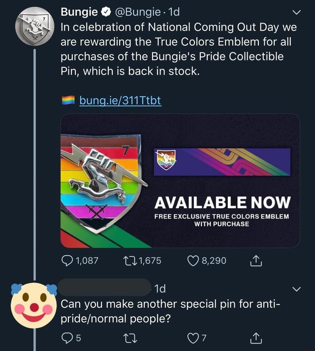 Bungie 0 @Bungie - 1d v ' In celebration of National Coming Out Day we ...