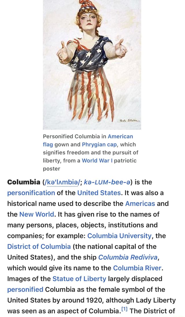 Personified Columbia in American flag gown and Phrygian cap, which ...