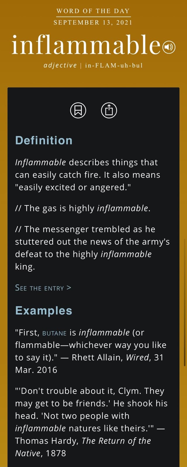 WORD OF THE DAY SEPTEMBER 13. 2021 inflammablee adjective I in-FLAM-uh ...
