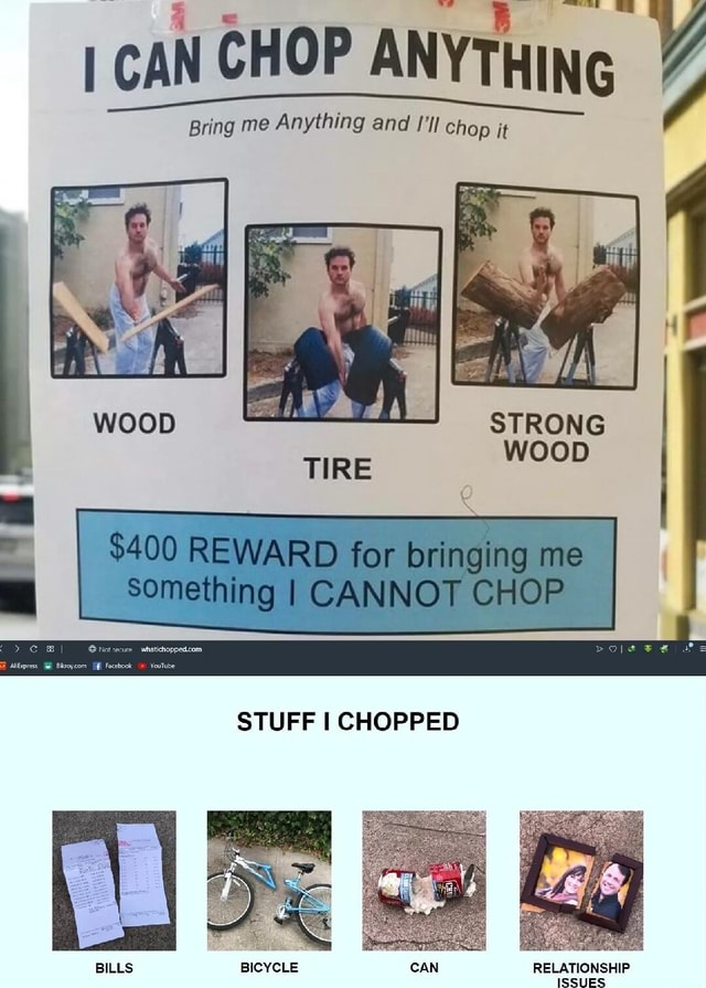 I CAN ANYTHING CHOP ANYTHING Bring me Anything and I'll chop it STRONG wooD $400 REWARD for ...