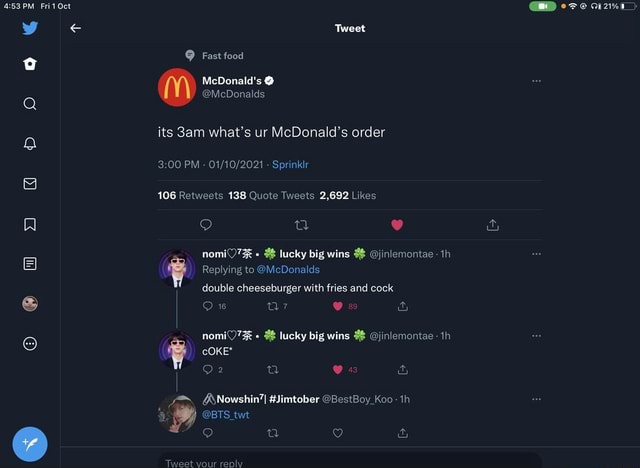 Fri Oct GED oF Tweet 9 Fast food McDonald's @ @McDonalds its what's ur ...