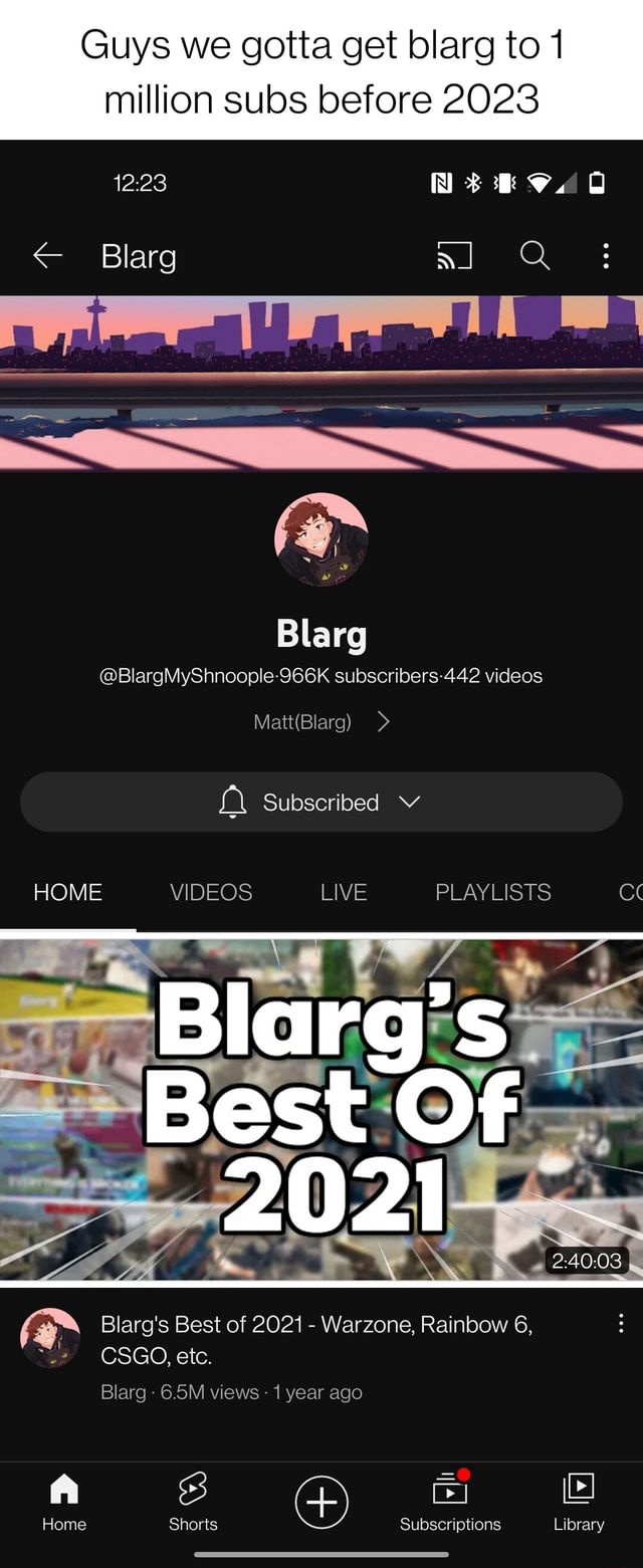 Guys we gotta get blarg to 1 million subs before 2023 Blarg al runt ...