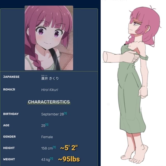 JAPANESE ROMAJI BIRTHDAY AGE GENDER HEIGHT WEIGHT Hiroi Kikuri ...