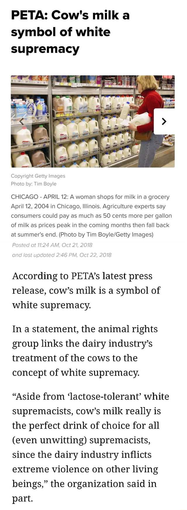 PETA: Cow's milk a symbol of white supremacy CHICAGO APRIL 12: A woman ...