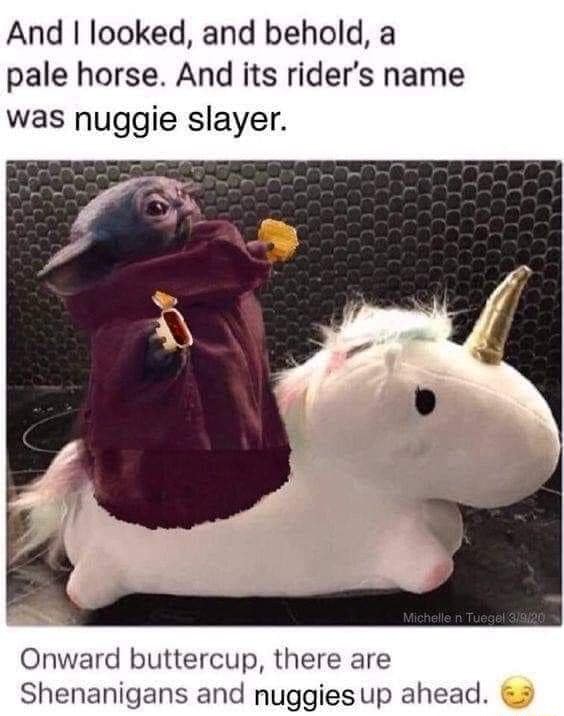 And I looked, and behold, a pale horse. And its rider's name was nuggie ...