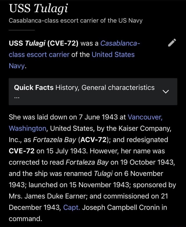 USS Tulagi Casablanca-class escort carrier of the US Navy USS Tulagi ...
