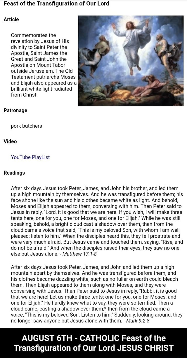Feast of the Transfiguration of Our Lord Article Commemorates the ...