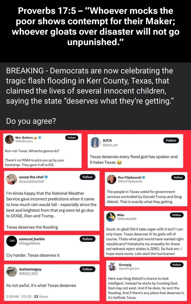 Proverbs "Whoever mocks the poor shows contempt for their Maker; whoever gloats over disaster ...