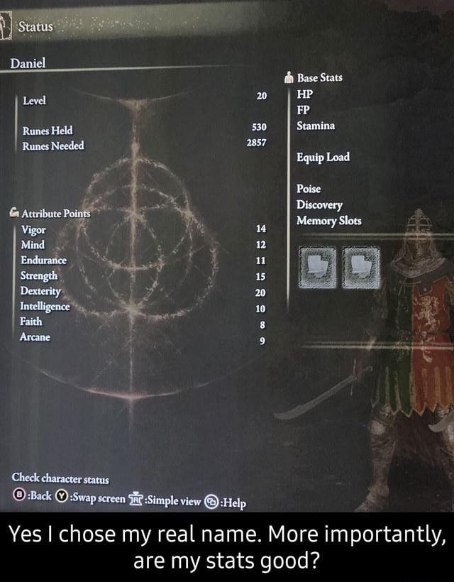 Daniel th Base Stats Level 20 HP Runes Held 530 Stamina Runes Needed ...