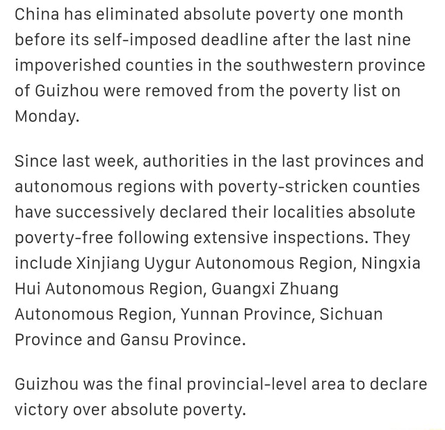 China has eliminated absolute poverty one month before its self-imposed ...