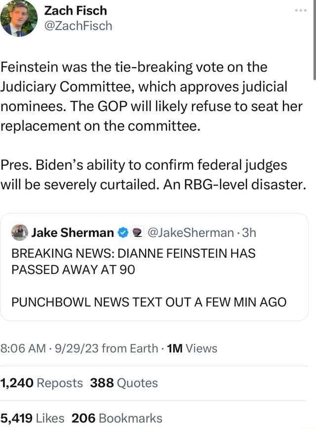 Zach Fisch @ZachFisch Feinstein was the tie-breaking vote on the ...