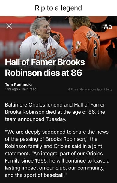 Rip to legend Hall of Famer Brooks Robinson dies at 86 Tom Ruminski ago ...