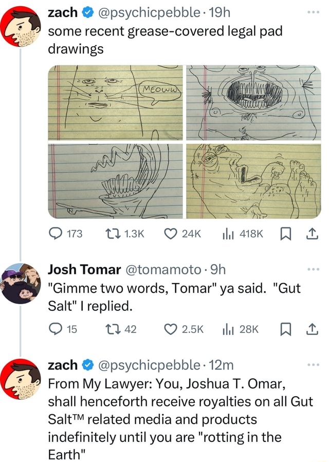 Zach @ @psychicpebble- some recent grease-covered legal pad drawings ...