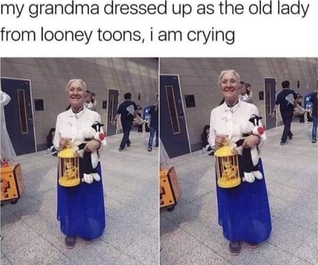 My granama dressed up as the old lady from looney toons, I am crying ...