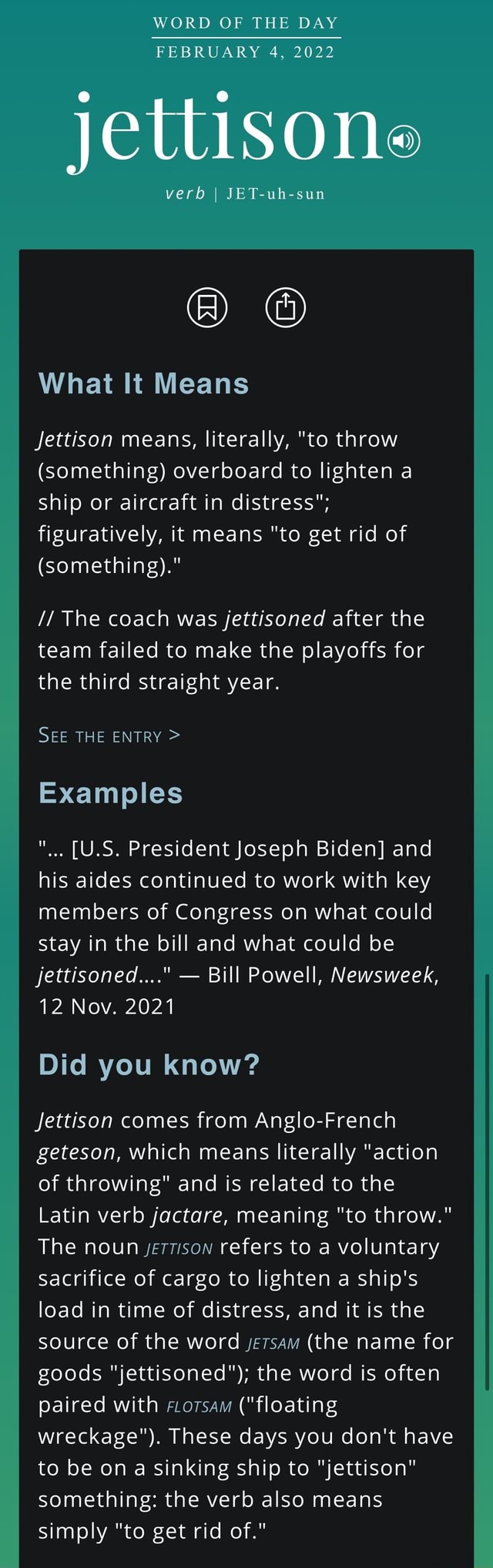 WORD OF THE DAY FEBRUARY 4, 2022 jettisone verb I JET-uh-sun What It ...