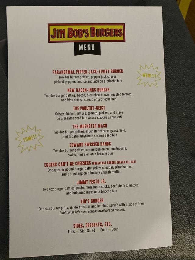 Jim Bob’s Burgers Popup! - I JiM Boe's BuRGERS MENU PARANORMAL PEPPER ...