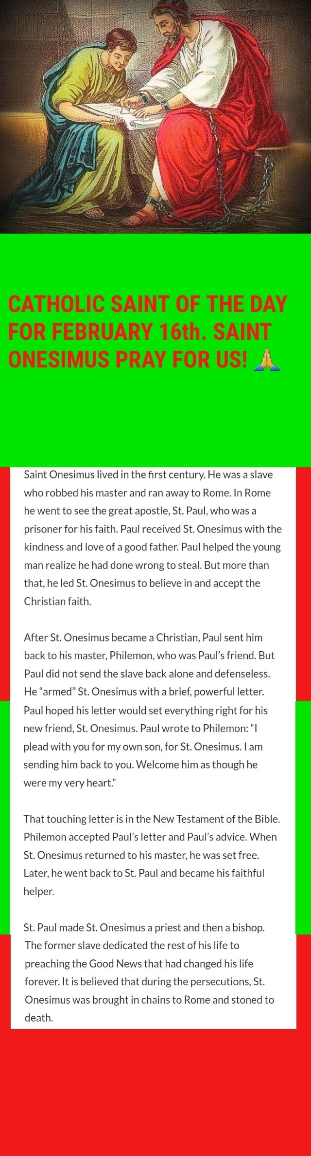 CATHOLIC SAINT OF THE DAY FOR FEBRUARY 16th. SAINT ONESIMUS PRAY FOR US ...