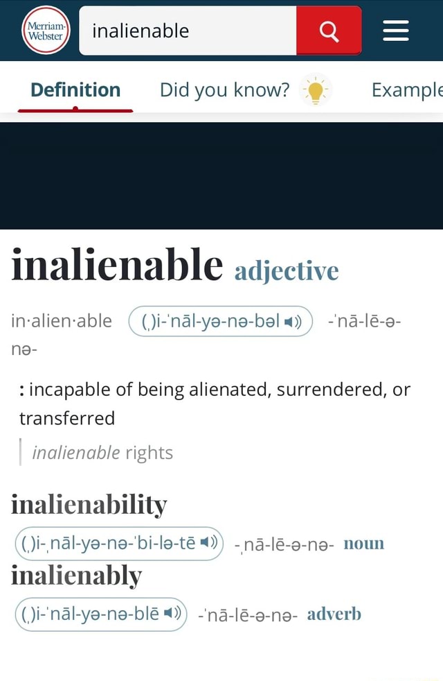 Inalienable Q - Definition Did you know? Example inalienable adjective ...