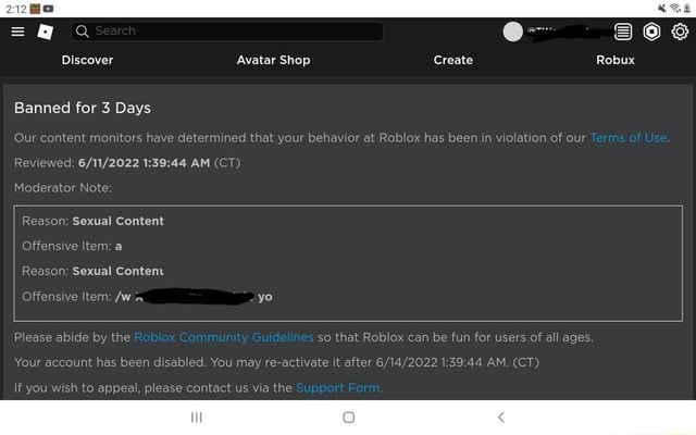 QQ O Discover Avatar Shop Create Robux Banned for 3 Days Robux Our ...