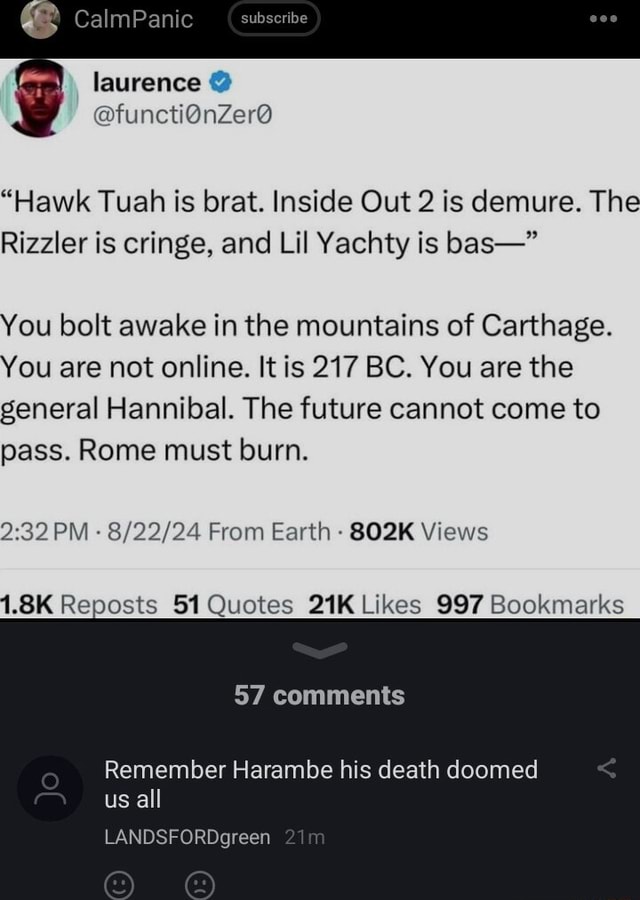 CalmPanic laurence @ "Hawk Tuah is brat. Inside Out 2 is demure. The ...